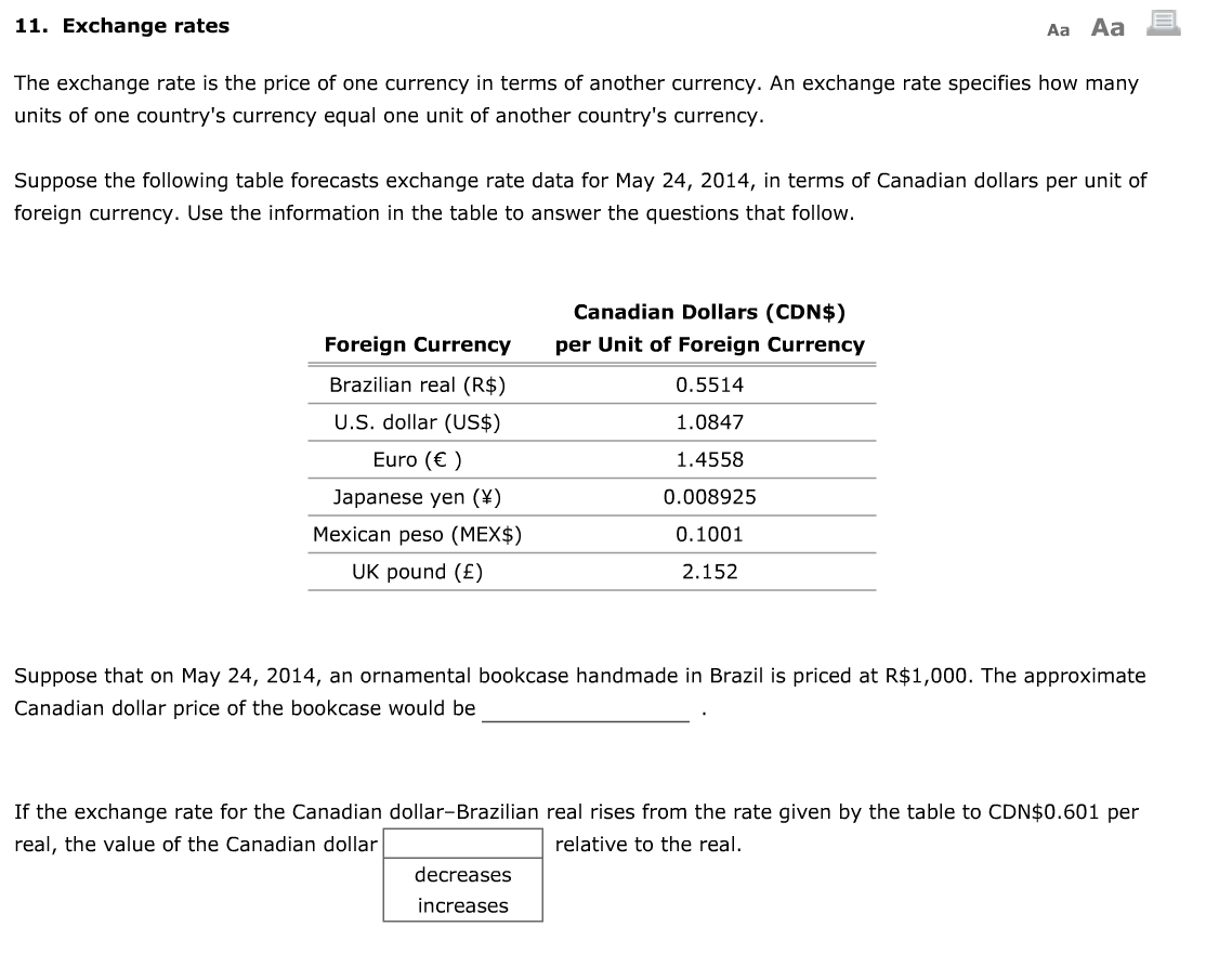Solved 11. Exchange rates Aa Aa E The exchange rate is the | Chegg.com