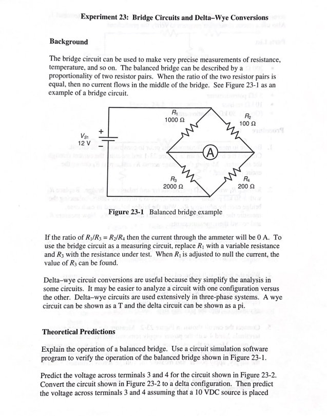Solved Experiment 23: Bridge Circuits and Delta-Wye | Chegg.com