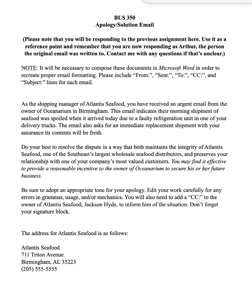 Solved BUS 350 Apology/Solution Email (Please note that you | Chegg.com