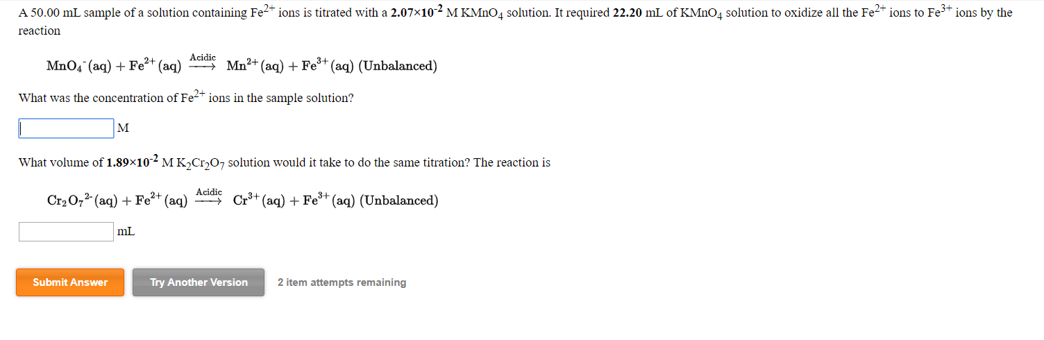 Solved A 50.00 mL sample of a solution containing Fe2+ ions | Chegg.com