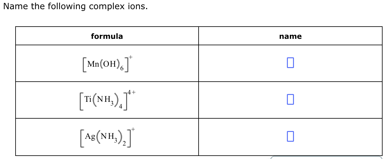 Solved Name the following complex ions. | Chegg.com