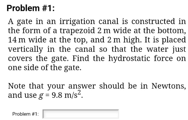 Solved Problem #1: A gate in an irrigation canal is | Chegg.com