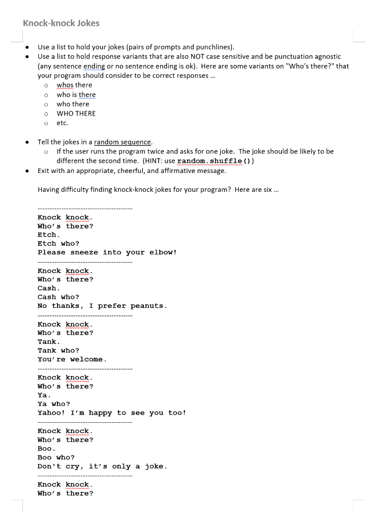 Knock-knock Jokes For this project, you will write a | Chegg.com