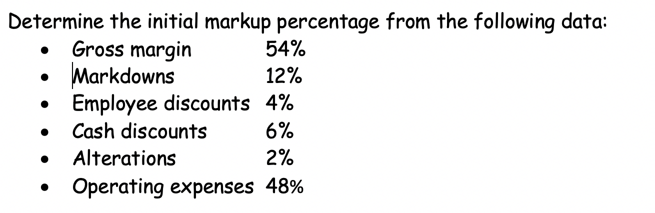 Solved Determine the initial markup percentage from the | Chegg.com