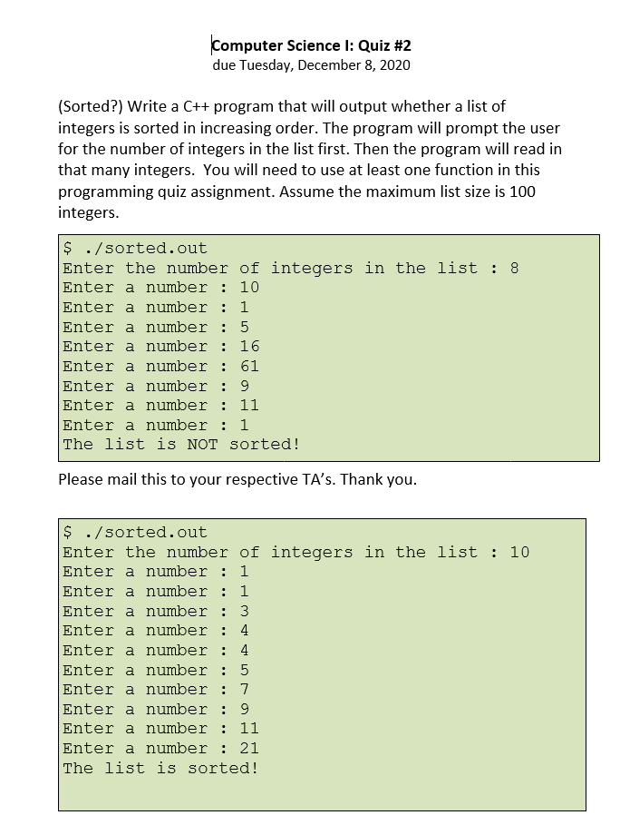 Solved Computer Science I: Quiz #2 due Tuesday, December 8, | Chegg.com