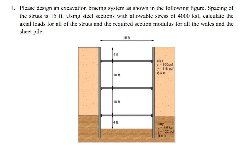 Solved 1. Please design an excavation bracing system as | Chegg.com