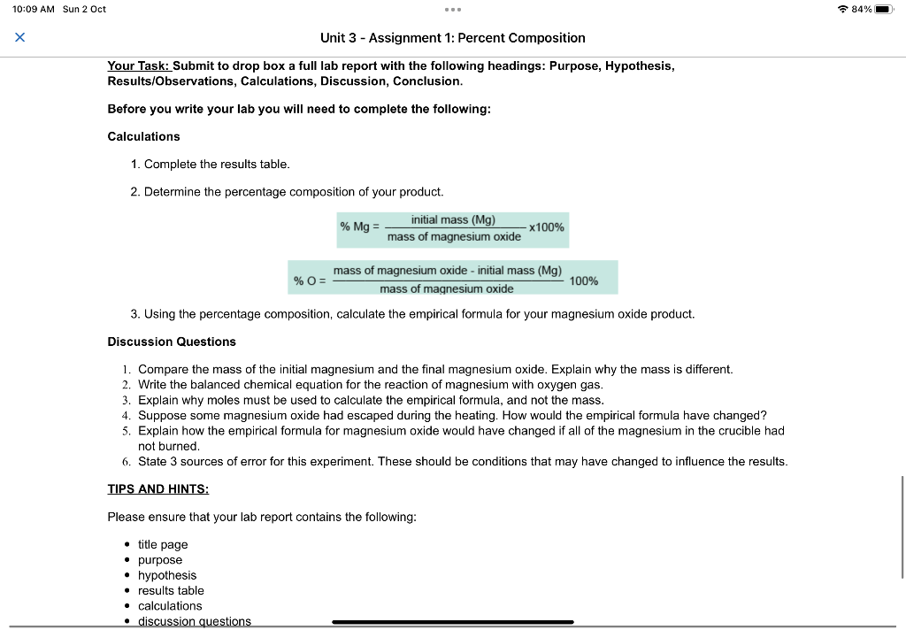Solved Unit 3 - Assignment 1: Percent Composition Sample | Chegg.com