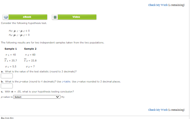 Solved Check My work (1 remaining) eBook Consider the | Chegg.com