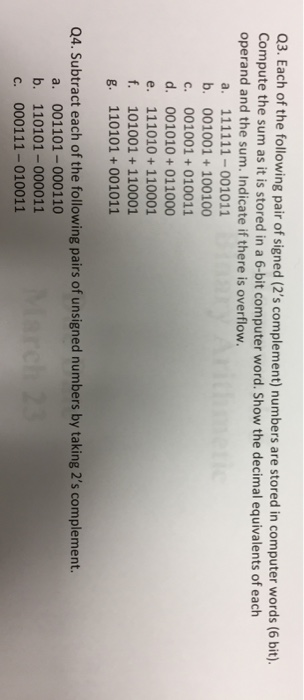 Solved Each of the following pair of signed (2's complement) | Chegg.com