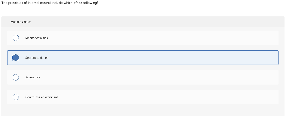 Solved The principles of internal control include which of | Chegg.com