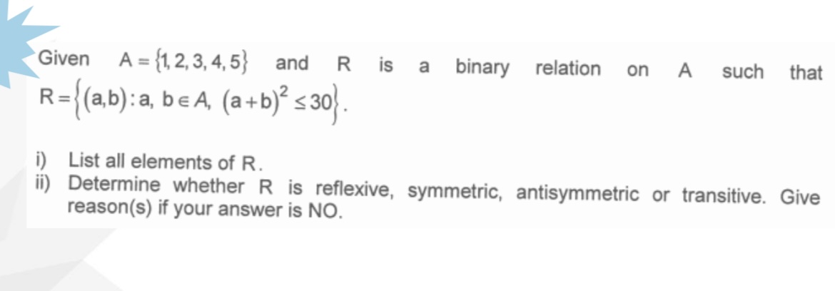 Solved Given A={1,2,3,4,5} ﻿﻿and R ﻿﻿is a binary relation on | Chegg.com