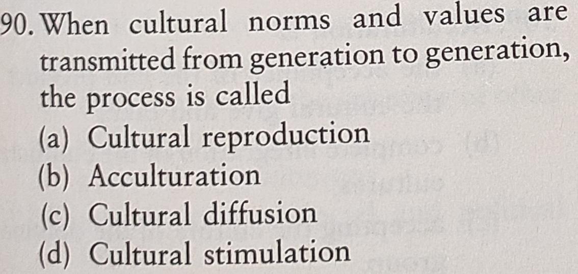 Solved 90. When cultural norms and values are transmitted | Chegg.com