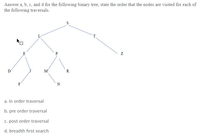 Solved Answer a, b, c, and d for the following binary tree, | Chegg.com