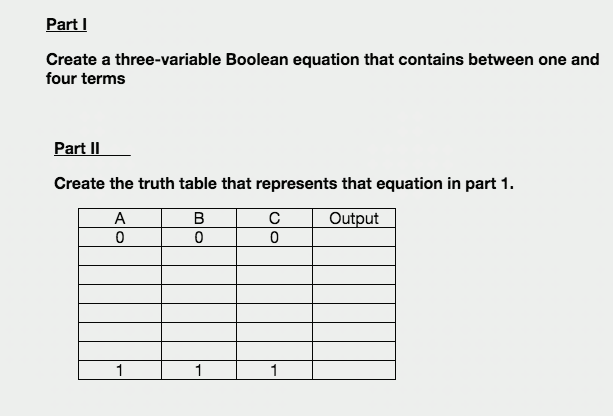 Solved Part l Create a three-variable Boolean equation that | Chegg.com