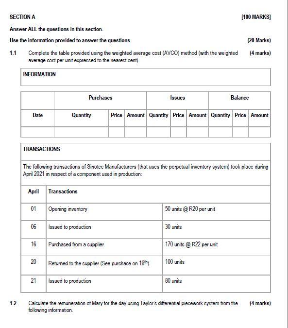 Solved SECTION A [100 MARKS] Answer ALL the questions in | Chegg.com
