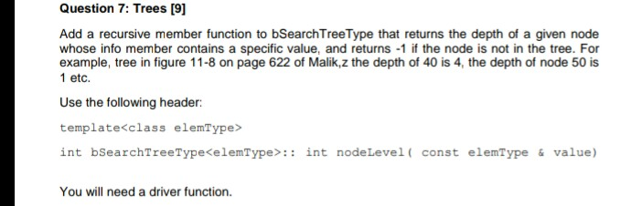 Solved Question 7: Trees [9] Add a recursive member function | Chegg.com