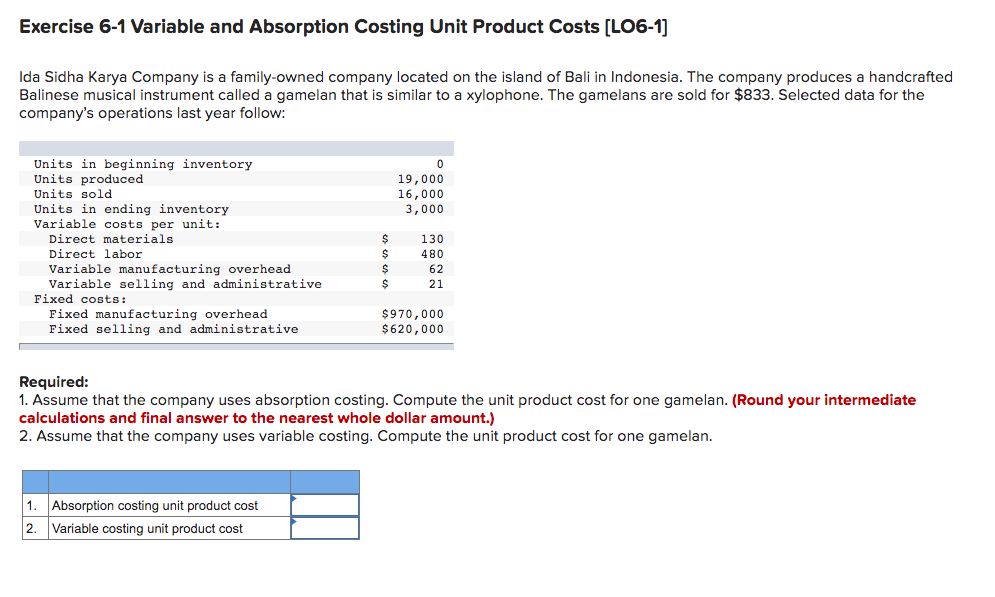 Solved Exercise 6-1 Variable and Absorption Costing Unit | Chegg.com