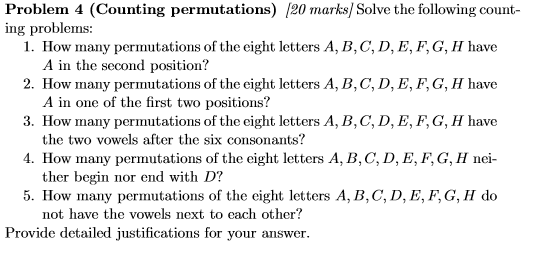 Solved Problem 4 (Counting permutations) [20 marks/ Solve | Chegg.com