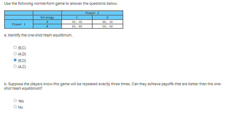 Solved Use the following normal-form game to answer the | Chegg.com