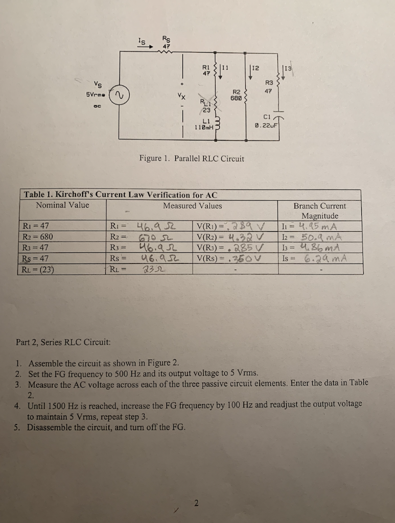 AC Circuit Analysis experiment 8. Parallel RLC | Chegg.com