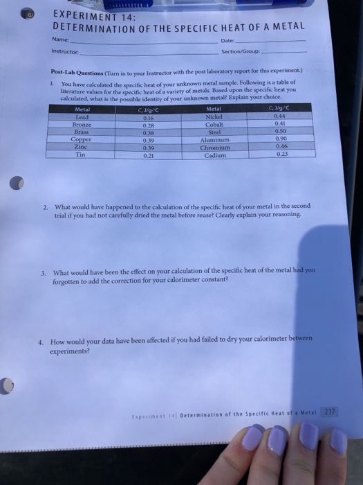 Solved EXPERIMENT 14: DETERMINATION OF THE SPECIFIC HEAT OF | Chegg.com