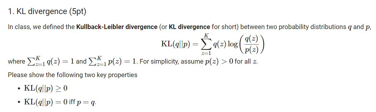 Solved 2=1 1. KL divergence (5pt) In class, we defined the | Chegg.com