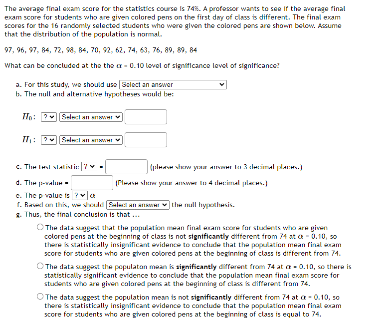 Solved The average final exam score for the statistics | Chegg.com