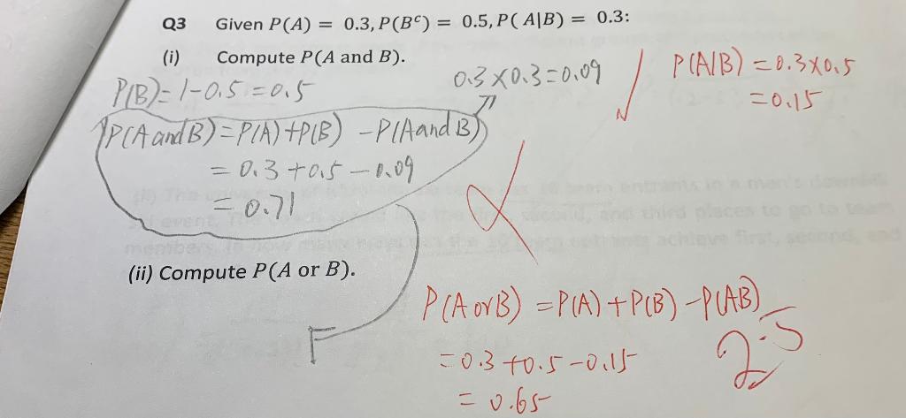 Solved Q3 Given P(A)=0.3,P(Bc)=0.5,P(A∣B)=0.3 : (i) Compute | Chegg.com