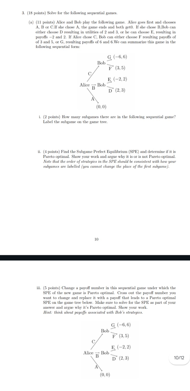 Solved iii. (5 ﻿points) ﻿Change a payoff number in this | Chegg.com