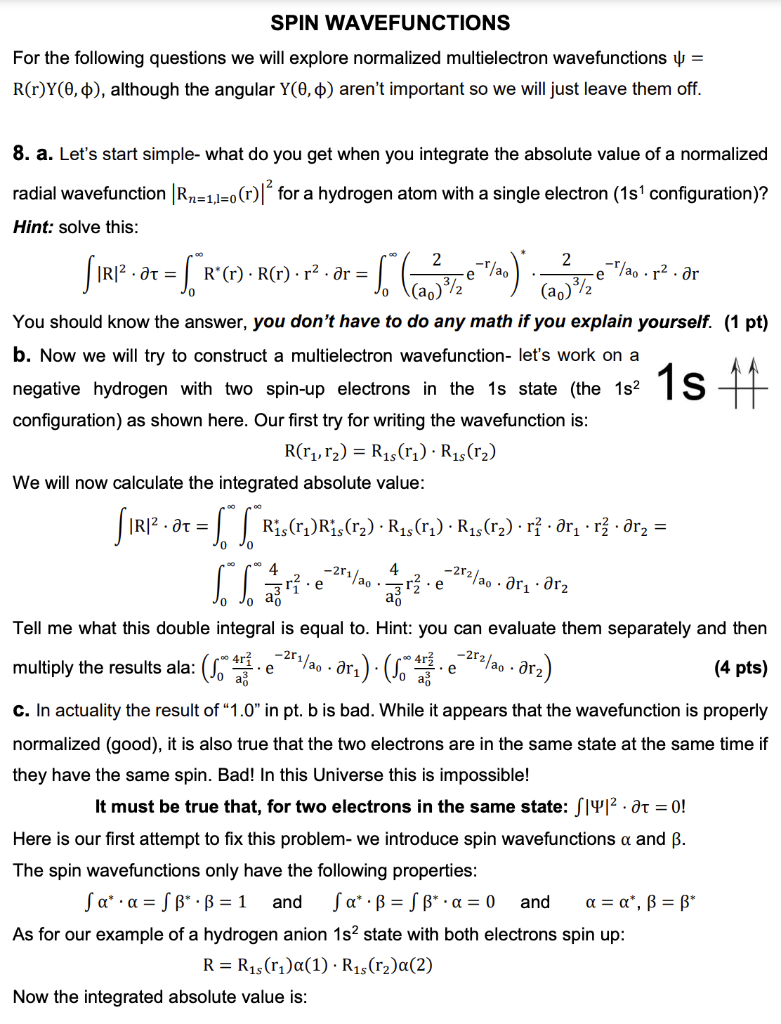 Solved SPIN WAVEFUNCTIONS For the following questions we | Chegg.com
