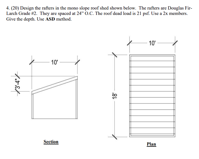 Solved 4. (20) Design the rafters in the mono slope roof | Chegg.com