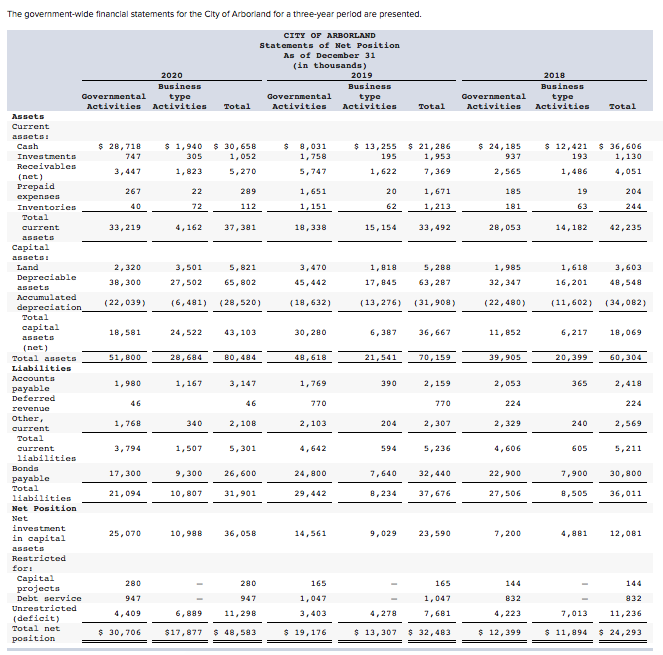 The government-wide financial statements for the City | Chegg.com