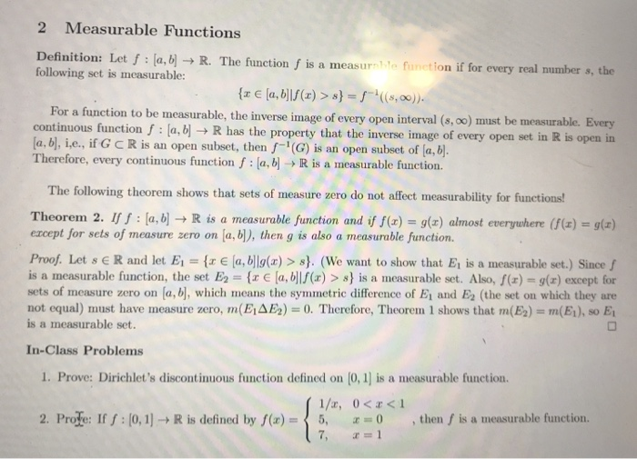 Solved 2 Measurable Functions Ia → R The Function F Is A