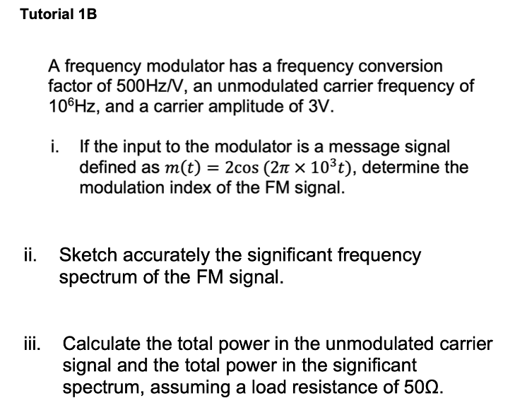 Solved Tutorial 1B A frequency modulator has a frequency | Chegg.com