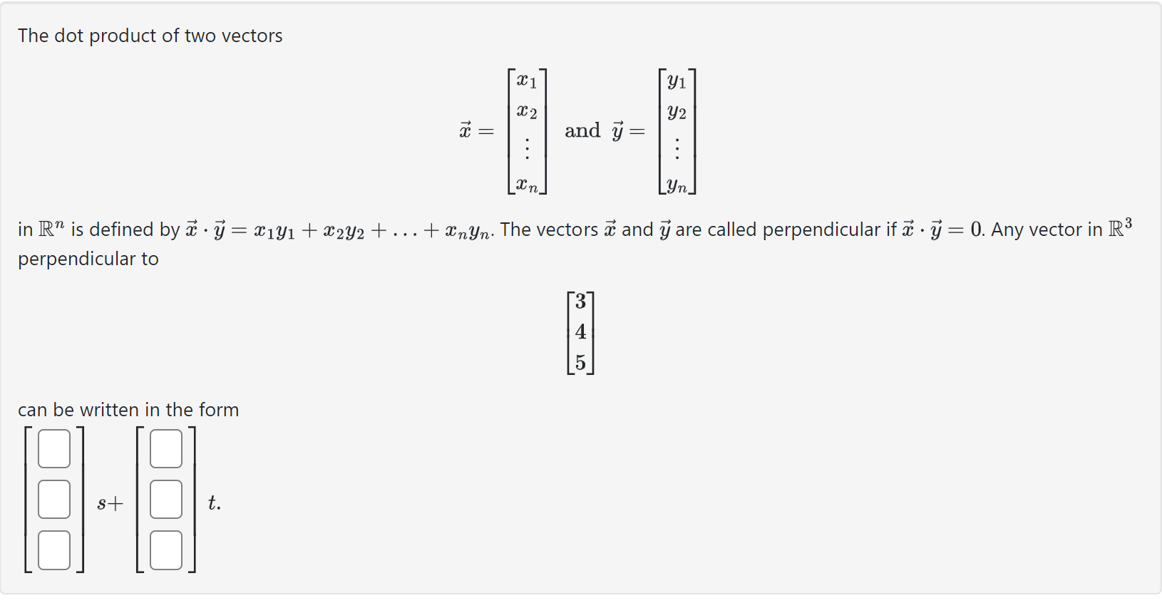 Solved The dot product of two vectors x=⎣⎡x1x2⋮xn⎦⎤ and | Chegg.com