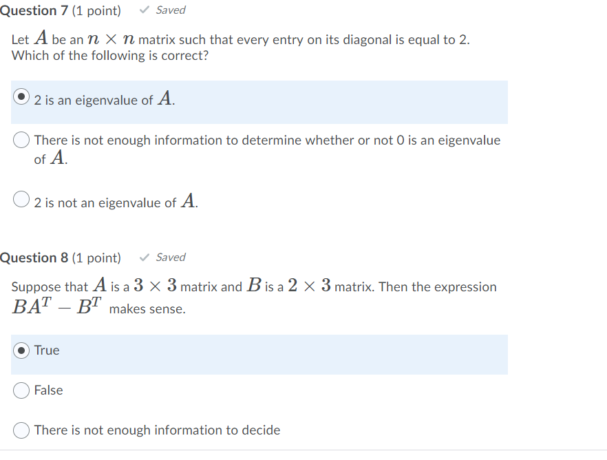Solved Question 7 (1 point) Saved Let A be an n x n matrix | Chegg.com