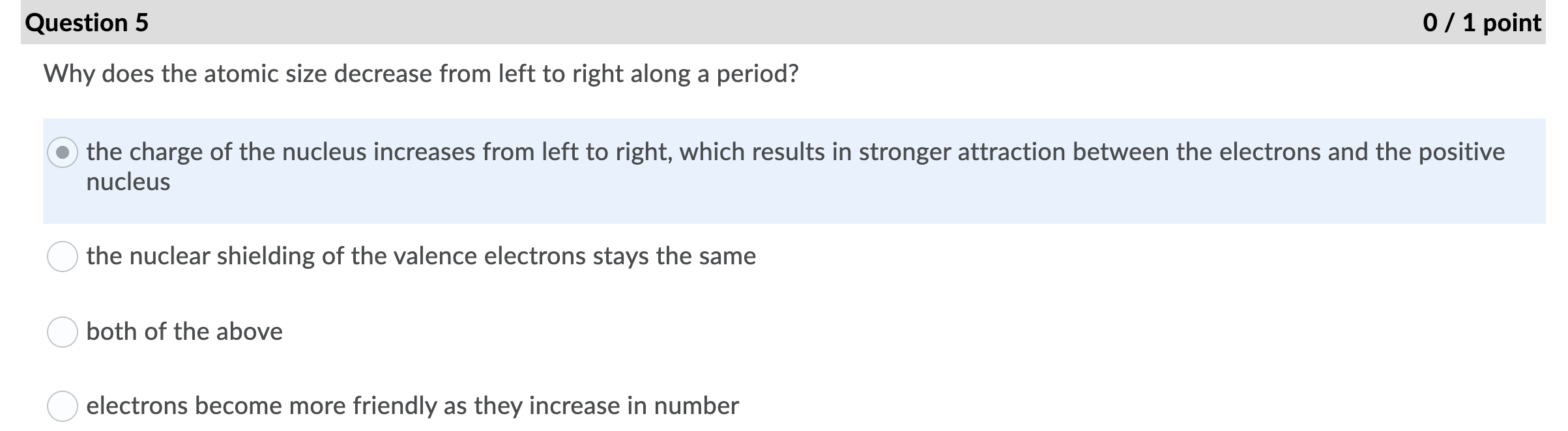 Solved Question 5 0 / 1 point Why does the atomic size | Chegg.com