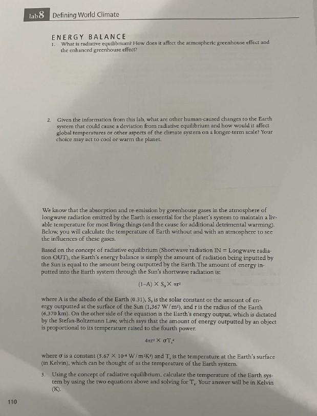 Solved ENERGY BALANCE 1. What is radiative equilibriume How | Chegg.com