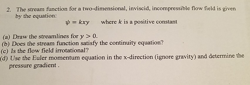 Solved The stream function for a two-dimensional, inviscid, | Chegg.com