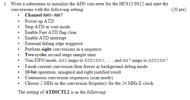 (20 pts) . 1. Write a subroutine to initialize the | Chegg.com