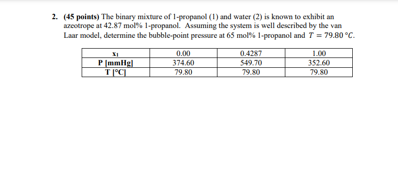 Solved (45 points) The binary mixture of 1-propanol (1) and | Chegg.com