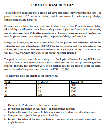 Solved PROJECT DESCRIPTIONYou are the project manager of a | Chegg.com