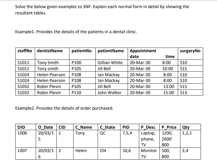 Solved Solve the below given examples to 3NF. Explain each | Chegg.com