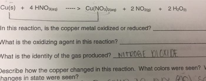 Solved Cu(s) 4 HNO3tag) 3(aq)> Cu(NO3)2(a) 2 NO2(g)2 H2O In | Chegg.com