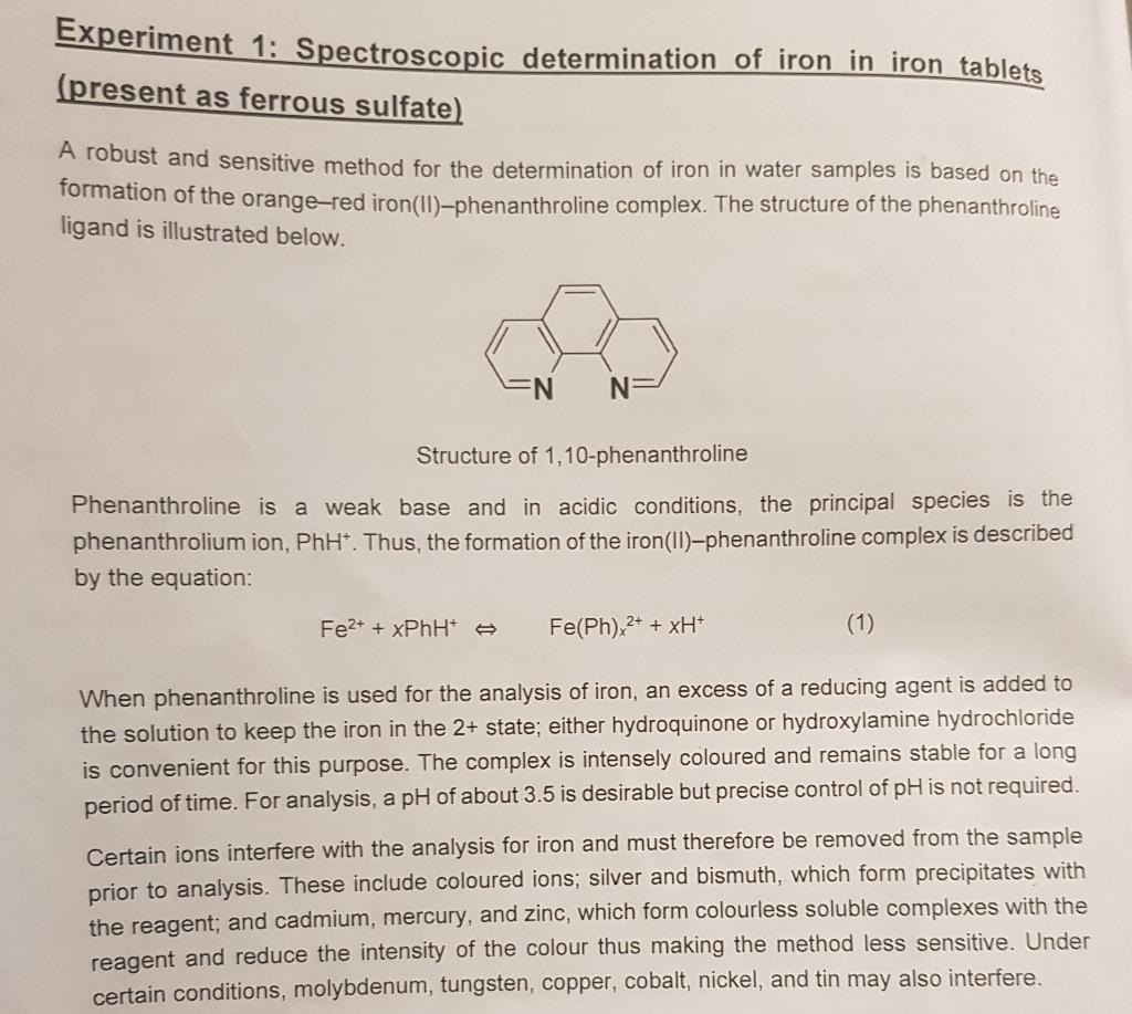 Experiment 1: Spectroscopic determination of iron in | Chegg.com