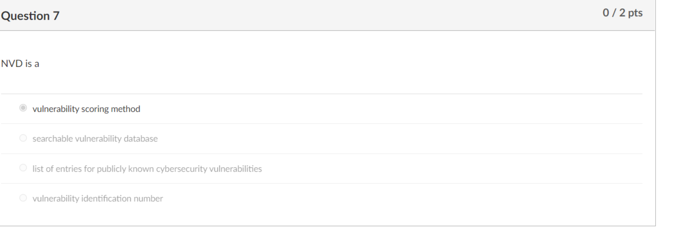 Solved NVD is a vulnerability scoring method searchable | Chegg.com