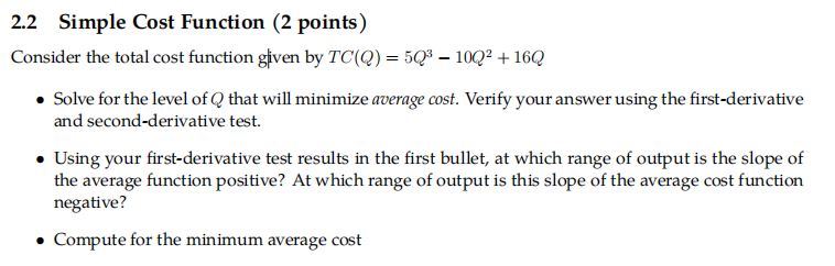 Solved 2.2 Simple Cost Function (2 points) Consider the | Chegg.com
