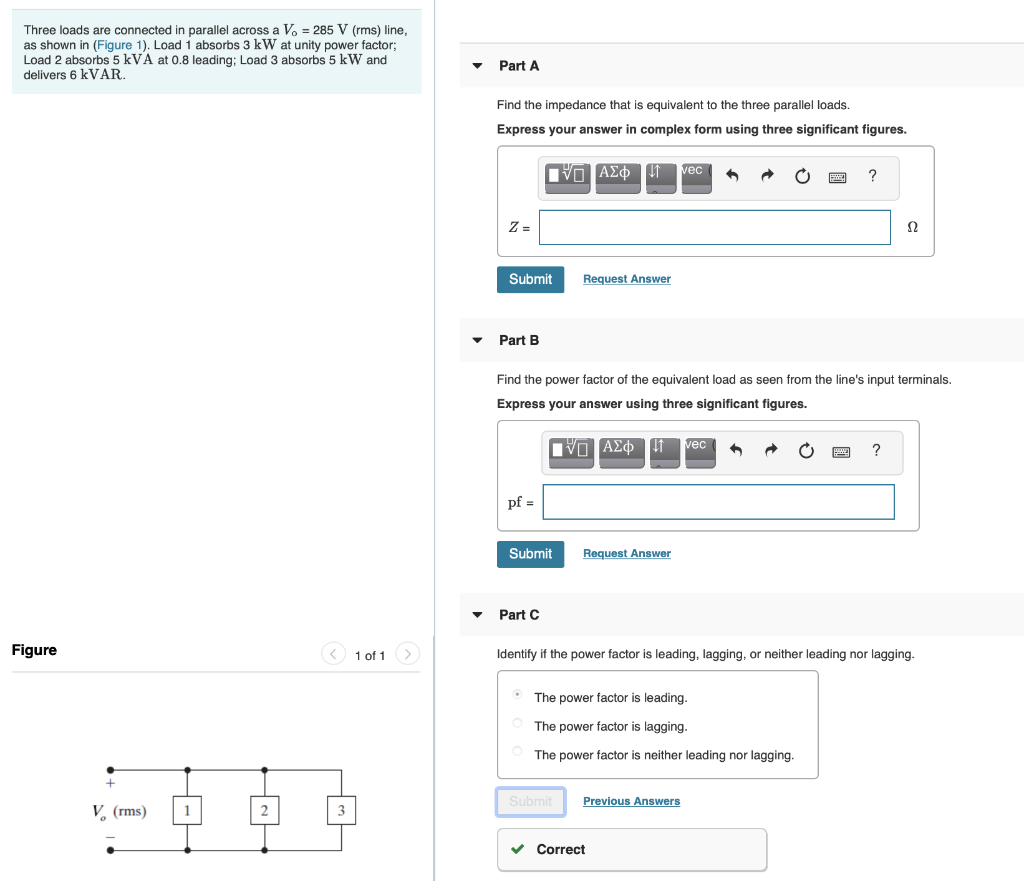 Solved Three loads are connected in parallel across a V. = | Chegg.com
