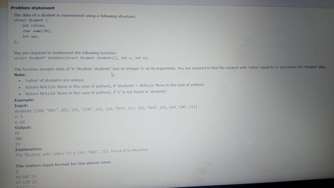 Solved Problem statement The data of a student is | Chegg.com
