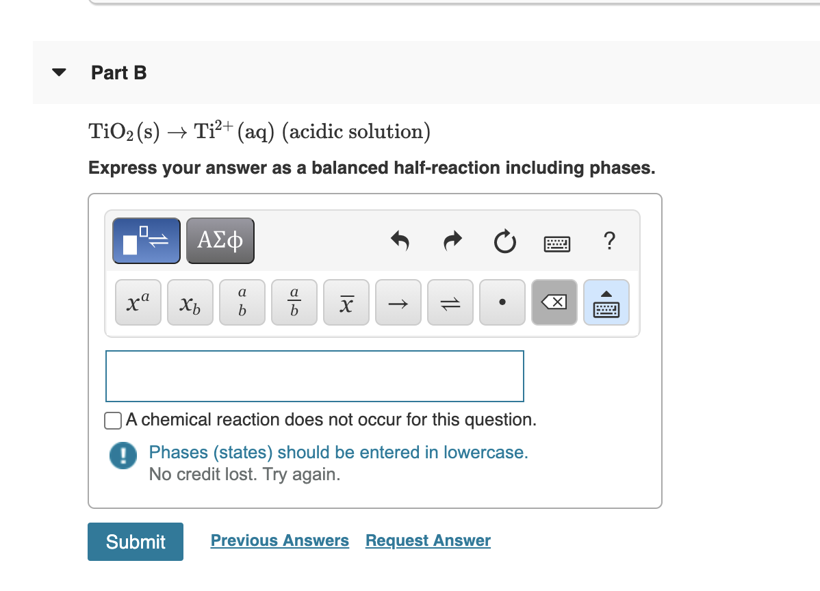 Solved Part B TiO2 (s) + Ti2+ (aq) (acidic solution) Express | Chegg.com